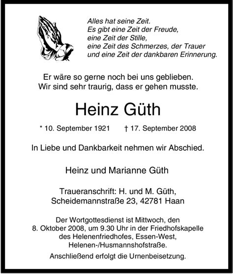 Traueranzeigen Von Heinz Güth Trauer In Nrw De
