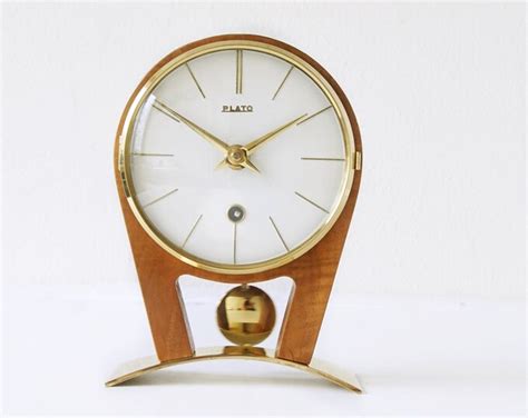 Plato Mid Century Pendulum Table Clock Desk Clock In Wood And Brass