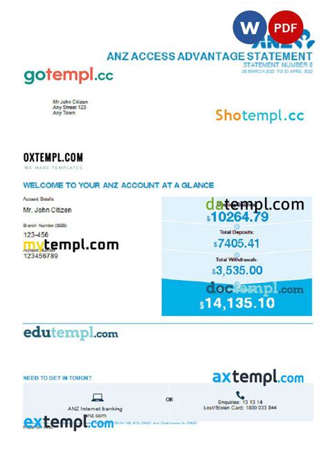 Doctempl Australian Anz Bank Statement 3 6 Months Word And Pdf