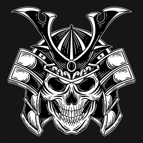 Dark Art Japanese Skull Warrior Oni Mask Tattoo Hand Drawn Engraving