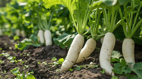 White Radish Grows In The Field With Green Leaves Background Plant