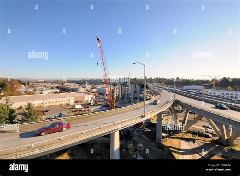 Freeway Overpass With Highway Construction Site Underneath There Is