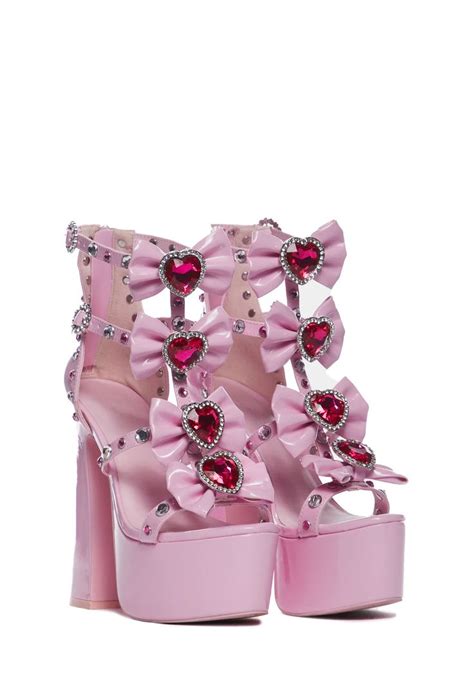 Sugar Thrillz Pvc Rhinestone Heart Bow Platform Heels Pink Heels