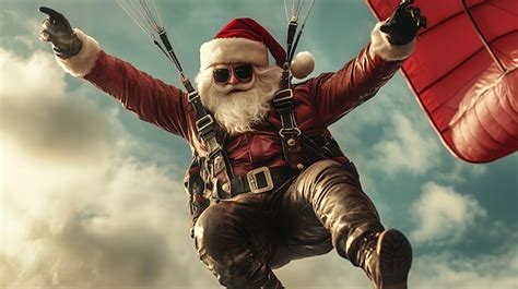 Santa Claus Skydiving With A Red Parachute Wearing A Leather Jacket Sunglasses And A Santa Hat