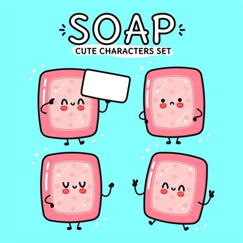 Funny Cute Happy Soap Characters Bundle Set Vector Hand Drawn Doodle