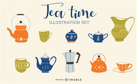 Tea Time Cartoon Illustration Set Vector Download