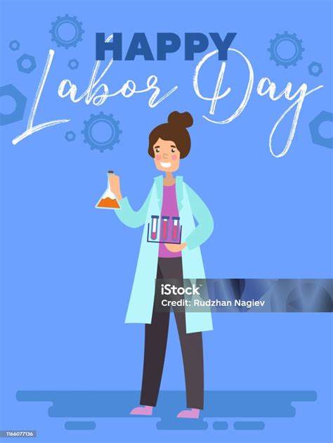 Happy Labor Day Poster Or Greeting Card Design With A Female Scientist