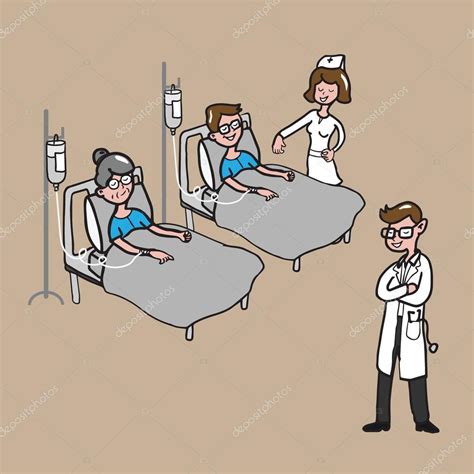 Médico Y Enfermera Visitan A Pacientes En Dibujos Animados Sala Vector