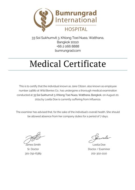 Bumrungrad International Hospital Medical Certificate Template In Word