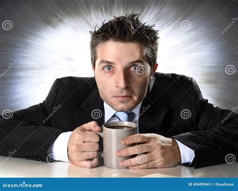 Addict Businessman Holding Cup Of Coffee Anxious And Crazy In Caffeine Addiction Stock Image