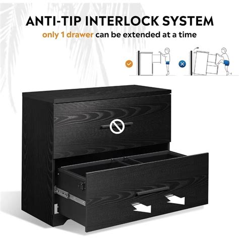 기울임 방지 메커니즘 포함 목재 측면 파일 캐비닛 문서 보관용 블랙 문서 홈 오피스 2 서랍 사무용 가구