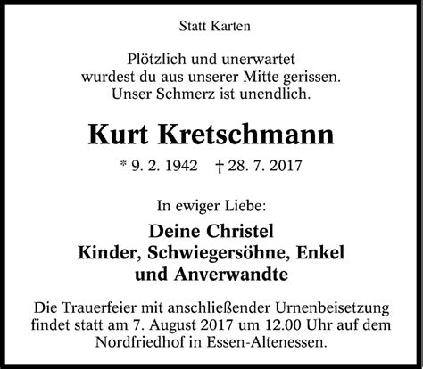 Traueranzeigen Von Kurt Kretschmann Trauer In Nrw De