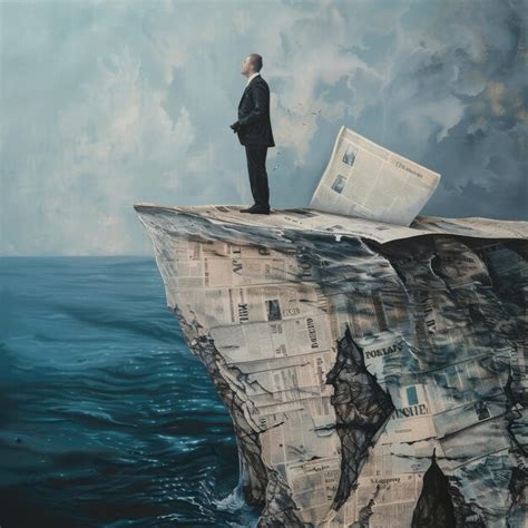 Man On A Cliff Of Newspaper Facing An Uncertain Future Premium Ai
