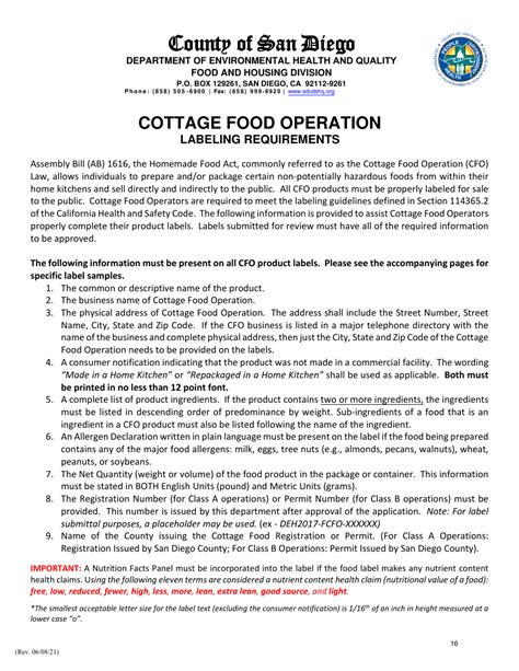 County Of San Diego California Class B Cottage Food Operation