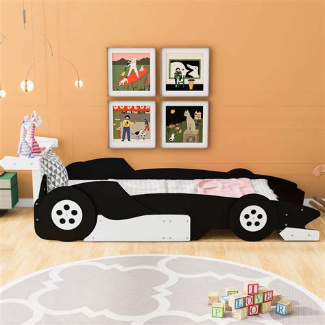Black Twin Race Car Bed Frame Platform Design With Wheels Durable