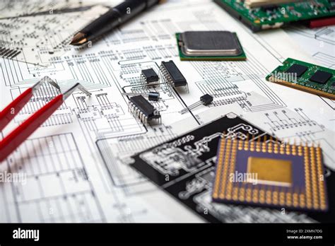 Electronic Components And Tools On An Engineering Blueprint For Circuit