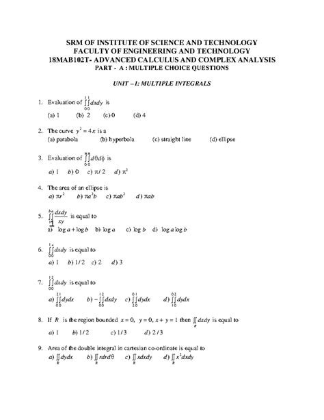 Maths Mega Mcq List 1 Srm Of Institute Of Science And Technology Faculty Of Engineering And