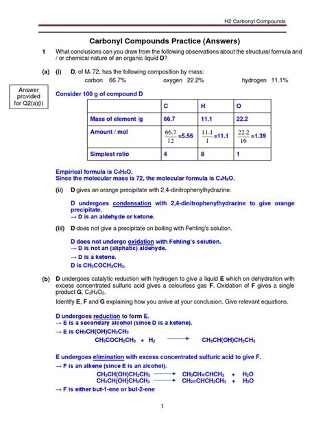 Carbonyl Compounds Practice Ans Pdf Aldehyde Chemical Reactions