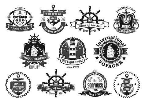 Premium Vector Sea Emblem Set With Anchor Helm Sailing Ship