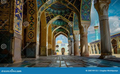 Mosque With Columns And Tile Mosaics In Arabesque Style Stock