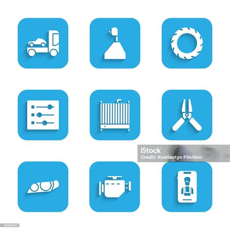 자동차 라디에이터 냉각 시스템 설정 엔진 확인 온라인 자동차 서비스 배터리 점퍼 전원 케이블 헤드 라이트 설정 타이어 휠 및 운송 트럭 아이콘 벡터 경계 표지에 대한 스톡