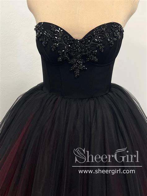 Black Red Strapless Contrast Colred Ball Gown Sweetheart Neck Long Pro Sheergirl