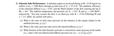 Solved Subsonic Inlet Performance A Turbofan Engine In An Aircraft