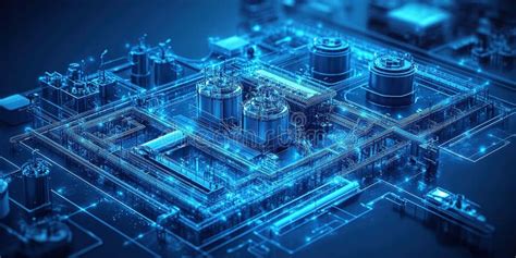 Data Visualization Of A Futuristic Industrial Facility With Glowing Blue Circuitry And