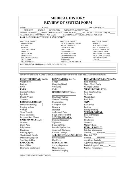Free Printable Review Of Systems Templates Pdf Word