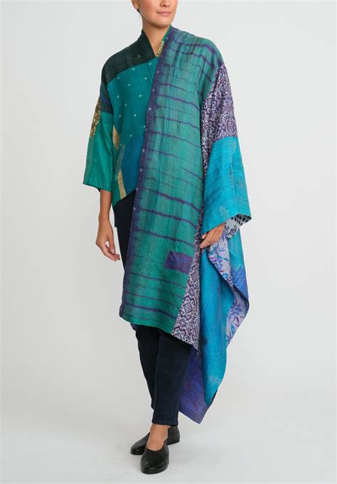Mieko Mintz 2 Layer Vintage Silk Kantha Shawl In Navy Blue And Teal