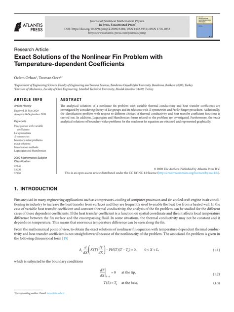 Pdf Exact Solutions Of The Nonlinear Fin Problem With Temperature