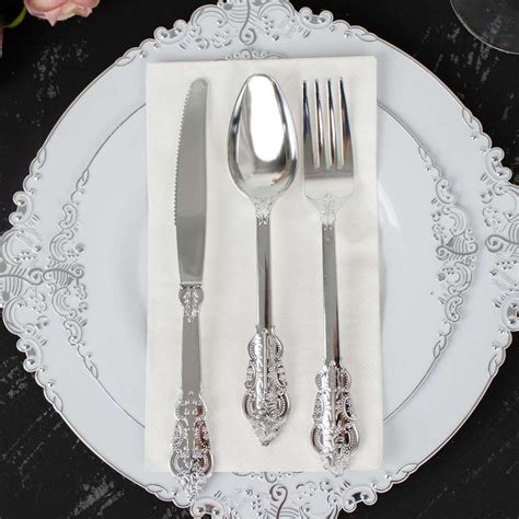 Plastic Silverware Set 24 Pcs Metallic Silver In Baroque Style