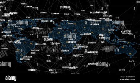 Image Of Connected Texts Forming Globe Over Geometric Shapes On Map Against Black Background