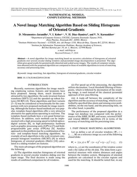 Pdf A Novel Image Matching Algorithm Based On Sliding Histograms Of