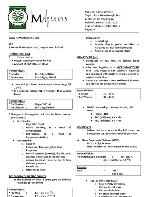 Basic Hematologic Tests Pdf Anemia Red Blood Cell