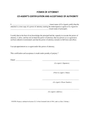 Power Of Attorney Co Agent Certification Blank Fillable Template