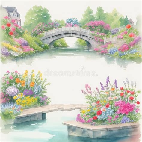 Watercolor Illustration Beautiful Sweet Canal Bridges With Beautiful