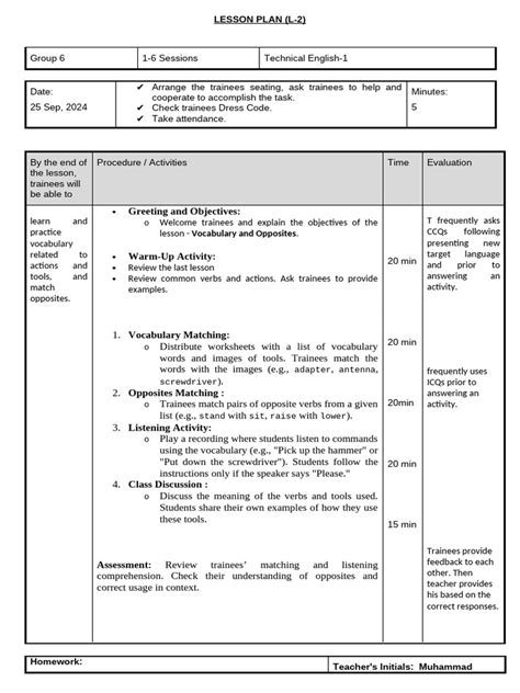 Lesson Plan Technical English L 25 Sep Pdf Vocabulary Reading