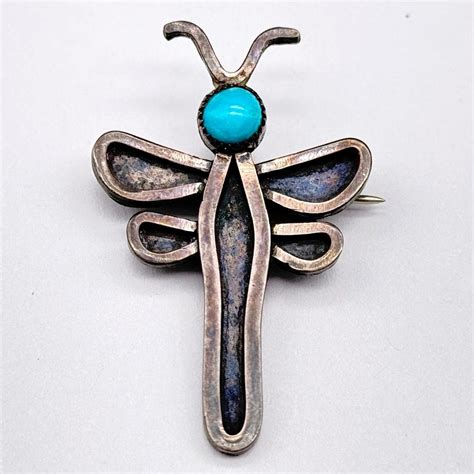 Vintage Zuni Native Dragonfly Turquoise Silver Pin Brooch Pendant Etsy