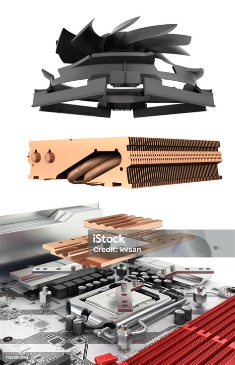 프로세서 및 냉각 시스템이 흰색 배경 3d 렌더링에 고립 된 형태로 분해 된 마더보드 0명에 대한 스톡 사진 및 기타 이미지