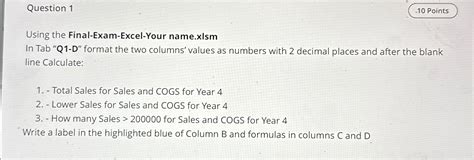 Solved Question 1using The Final Exam Excel Your Namexismin