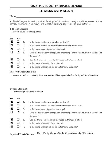 Thesis Statement Worksheet Comx 111a Introduction To Public Speaking