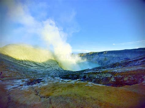 Panorama Landscape View Of Kawah Ijen Crater At Sunrise The Most