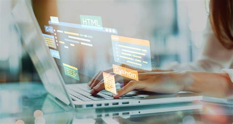 Software Developer Work With Coding Overlays Of Programming Languages Eide Stock Image Image