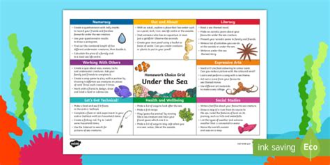 Under The Sea Cfe Homework Grid Teacher Made