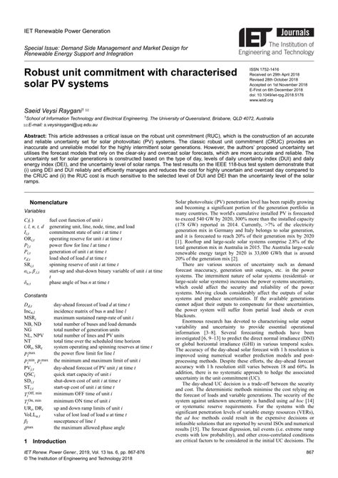 Pdf Robust Unit Commitment With Characterised Solar Pv Systems