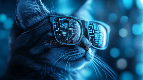 A Cat In A Dark Room Wearing Glasses That Reflect Digital Data Sits