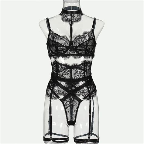 Lace Black Sexy Lingerie Set Hollow Out See Through Halter Neck
