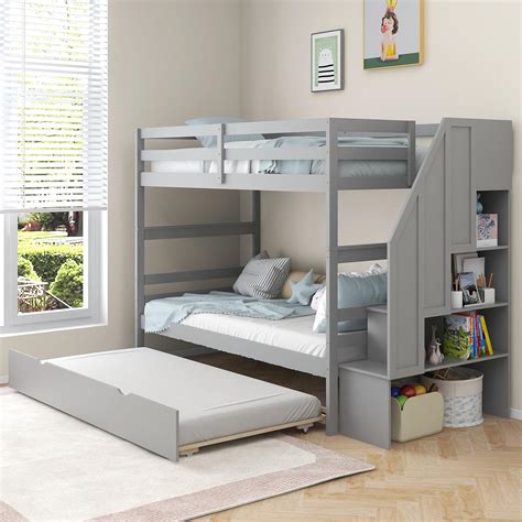 Kotek Twin Over Twin Bunk Bed With Trundle And Stairs