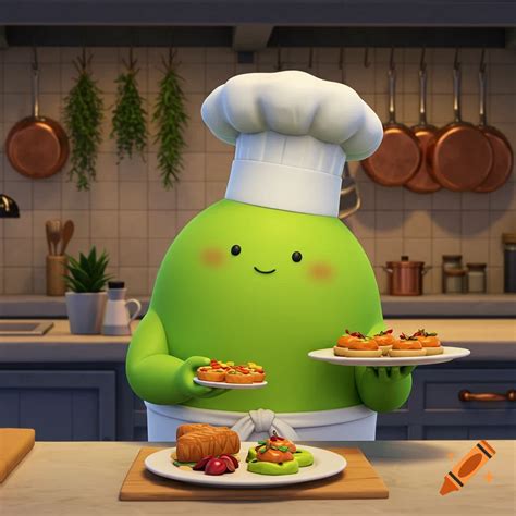 A Cute Round Green Cartoon Chef Wearing A White Hat And Apron Holds